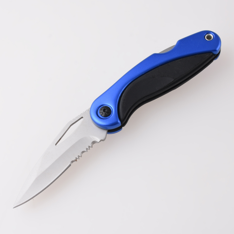 Folding knives blue coating stainless steel + PP handle serrated blade ...