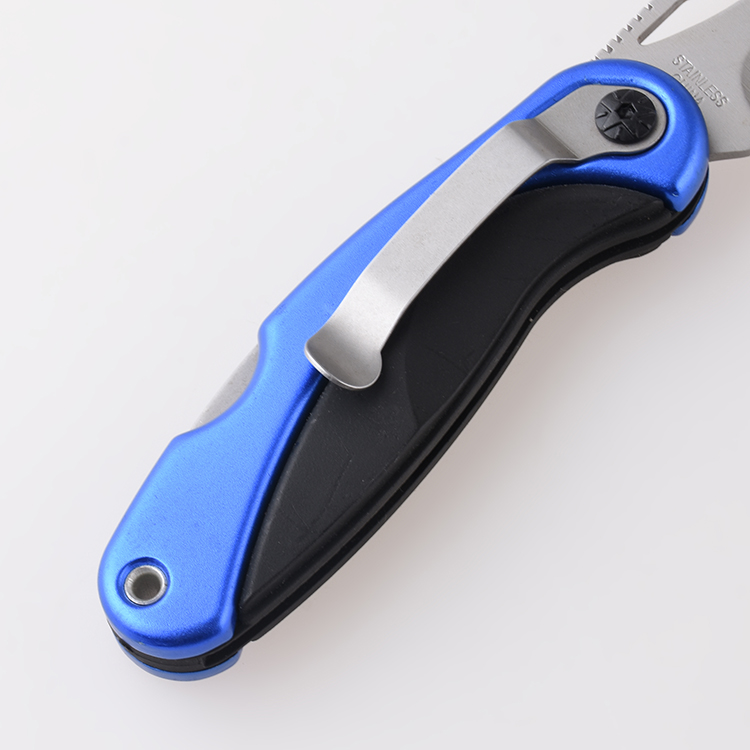 Folding knives blue coating stainless steel + PP handle serrated blade ...